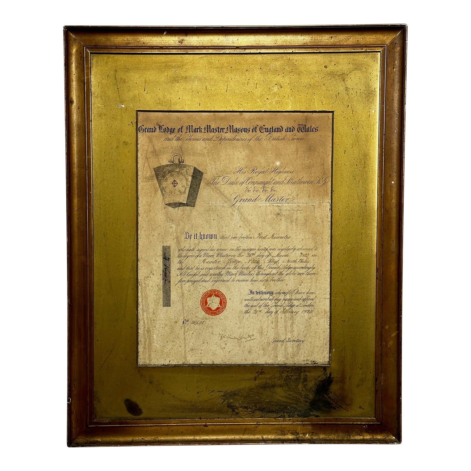 Antique Freemasons Masonic Grand Lodge Signed Framed Certificate Mark ...