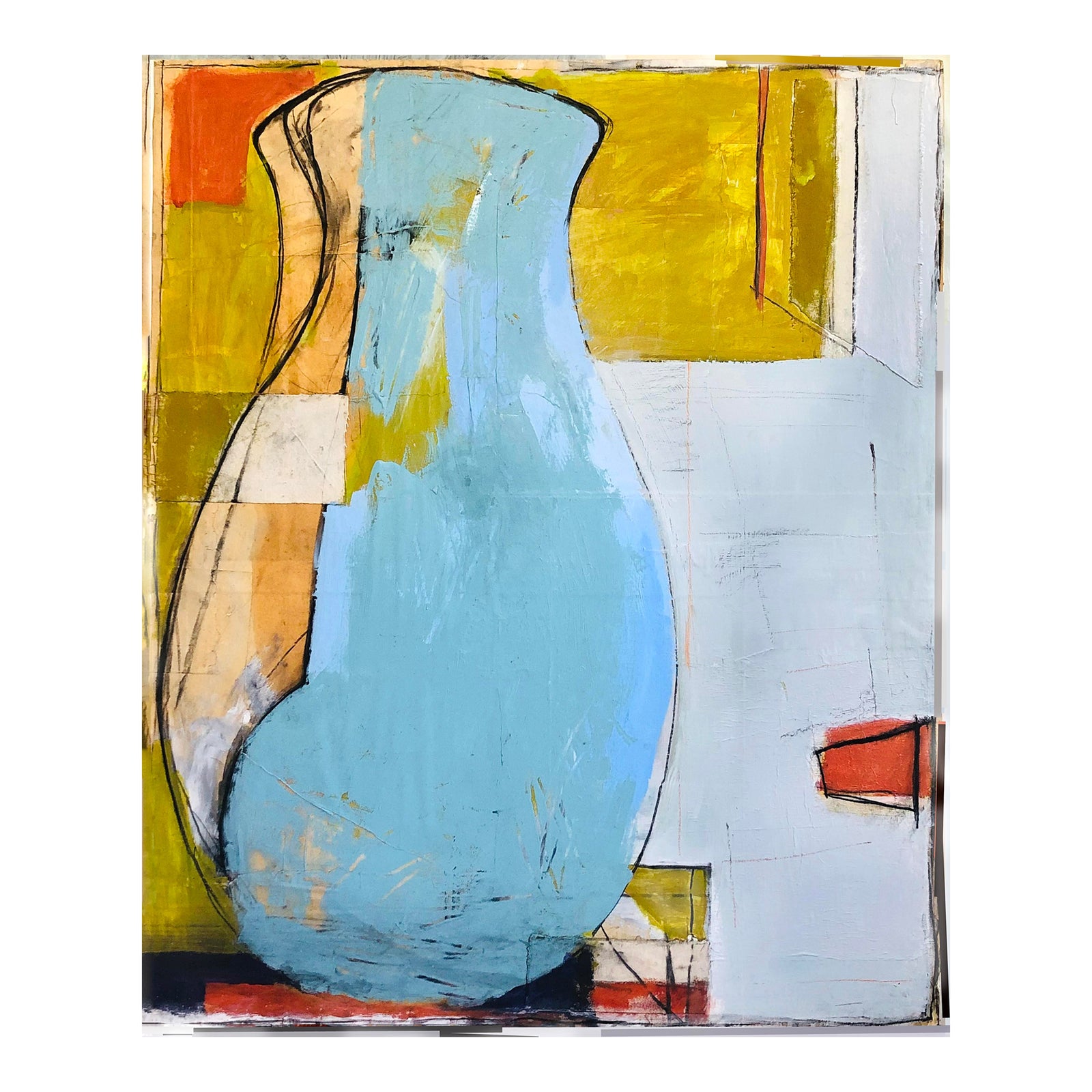Large Blue + Ochre Semi-Abstract Still-Life Painting of a Vessel ...