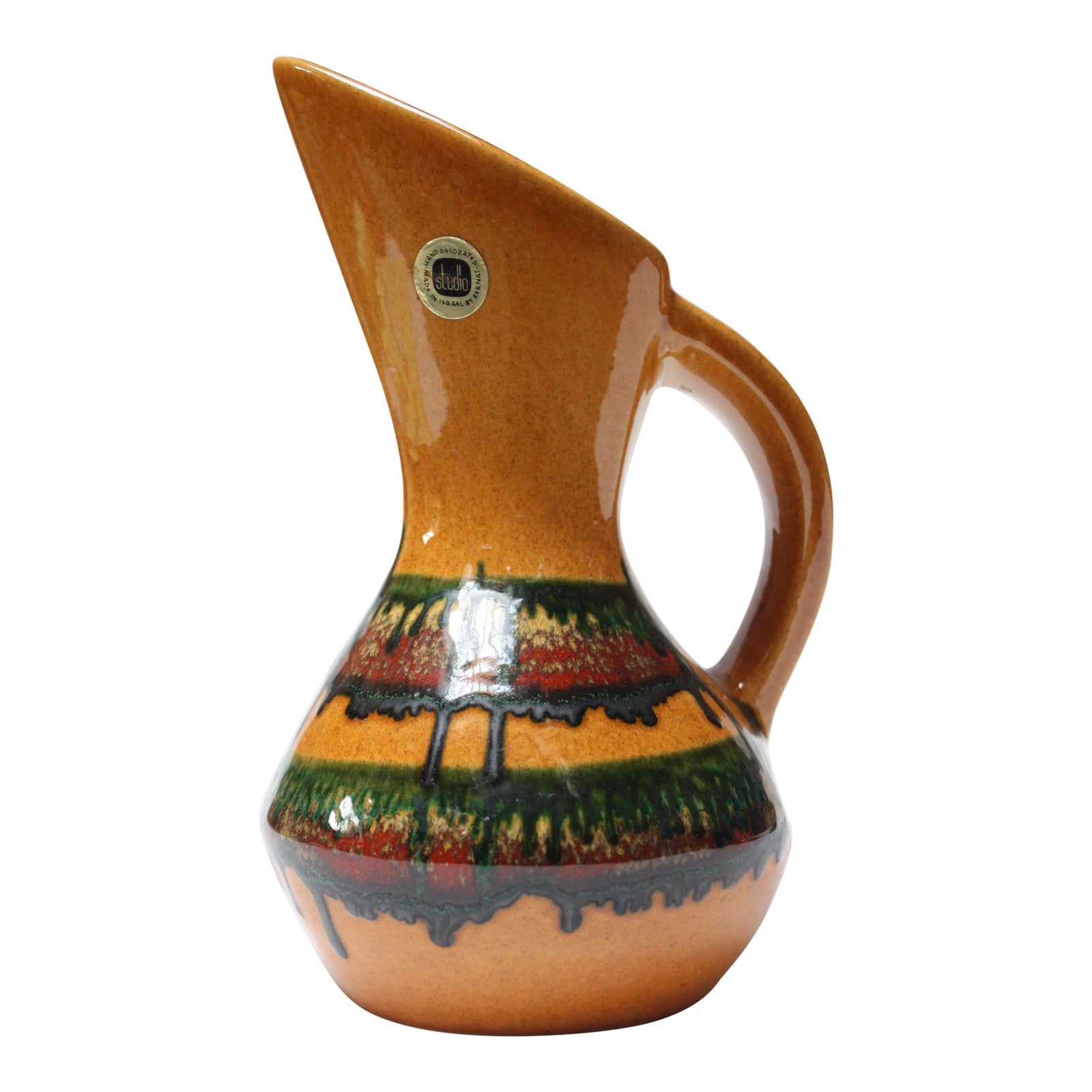 Mid-Century Israeli Studio Pottery Ochre Pitcher by Kernat | Chairish