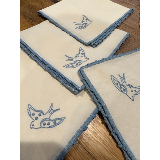 Vintage Embroidered Blue Birds Cotton Napkins Set of 6 | Chairish