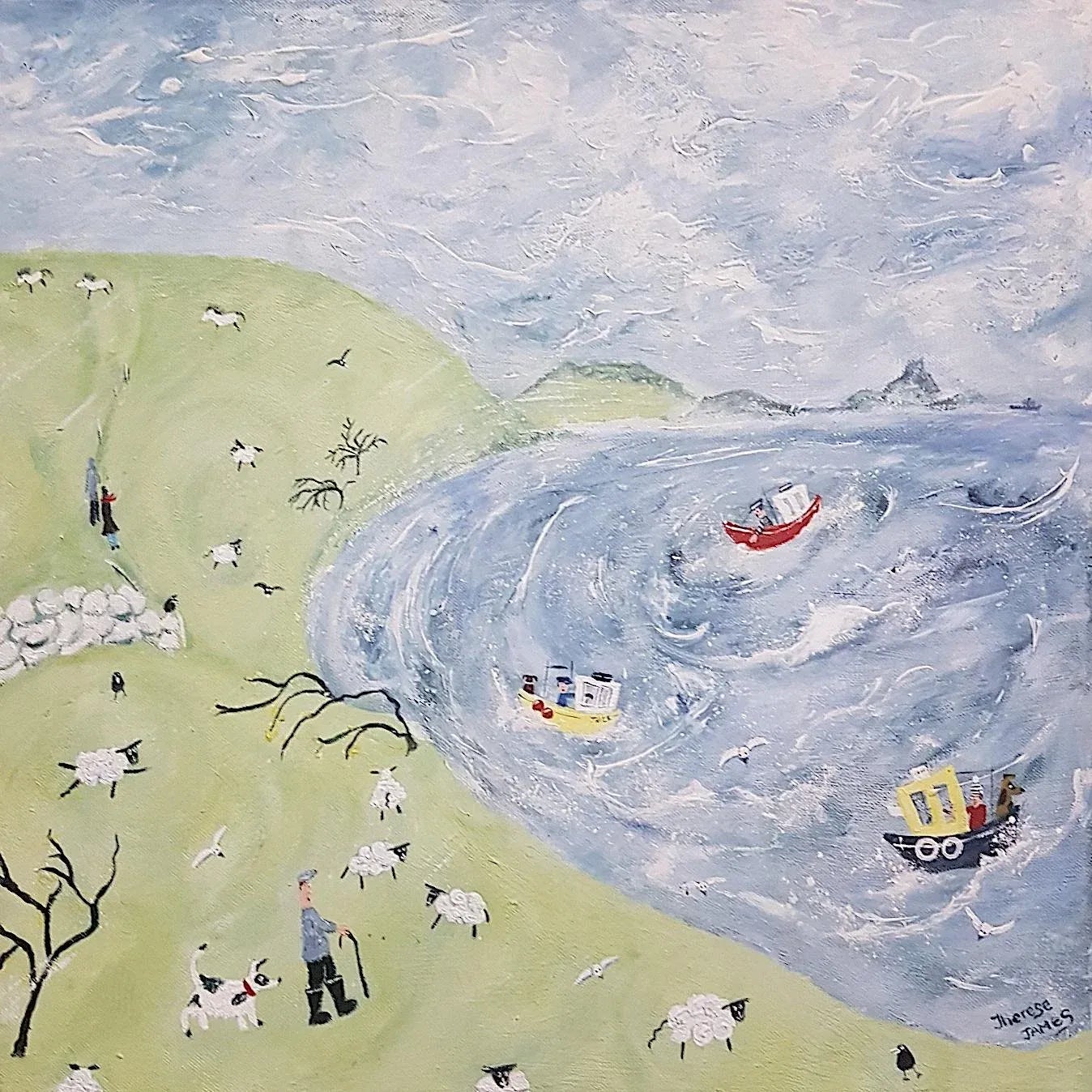 "Windy Sheep and Blowy Boats" Contemporary Folk Art Figurative Acrylic ...