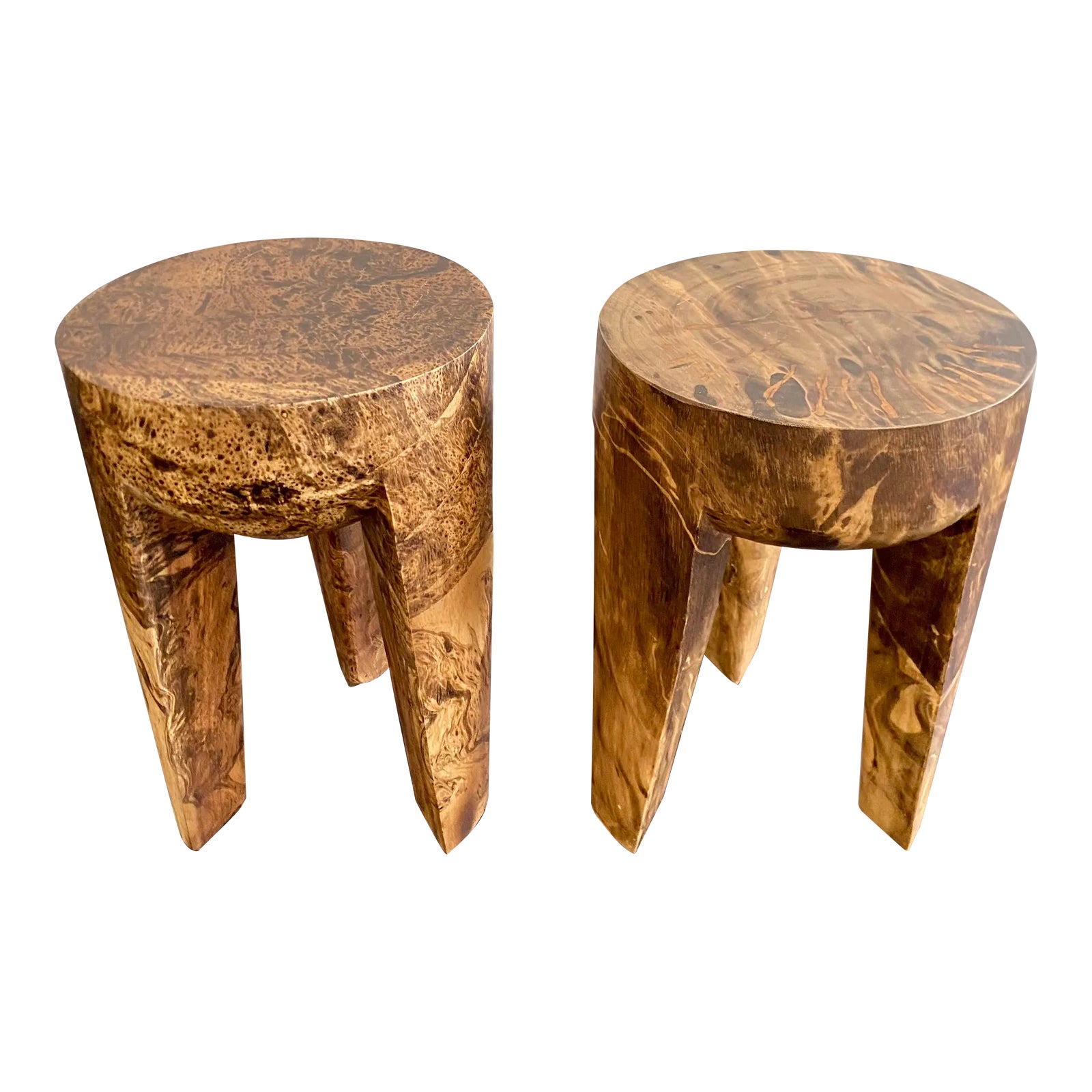 Pair of Polished Solid Teak Burl Wood Three Legged Stools by Made Goods ...