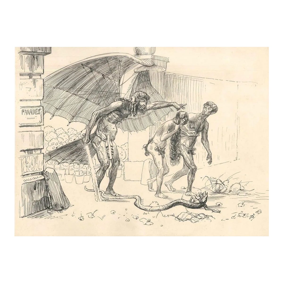 Expulsion from Paradise - Original Ink Drawing by Lac Man Early 20th ...