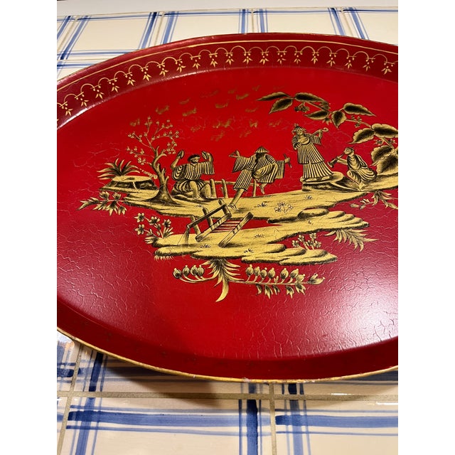 1980s Vintage Asian Inspired Tole Red Oval Tray | Chairish