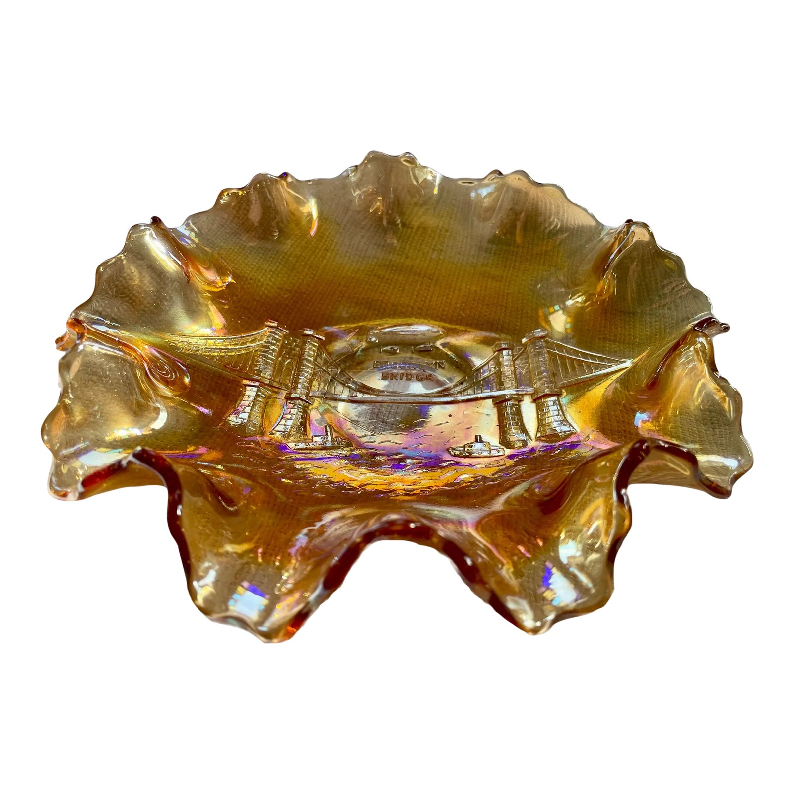 1910s Opalescent Brooklyn Bridge Bowl With Ruffled Edges by Dugan ...
