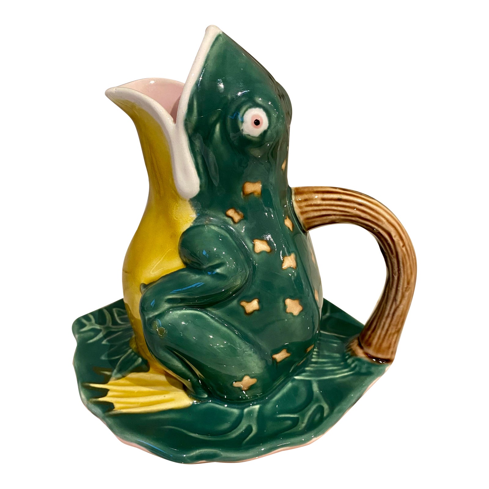 Majolica Frog Pitcher/ Saucer | Chairish