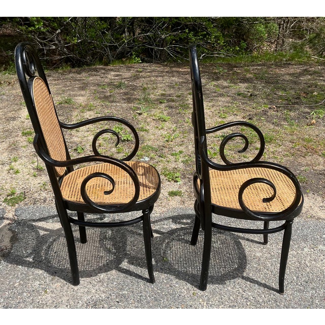 Pair Thonet Arm Chairs Model #17 Bentwood Elongated Backs Caned Seats & Backs | Chairish
