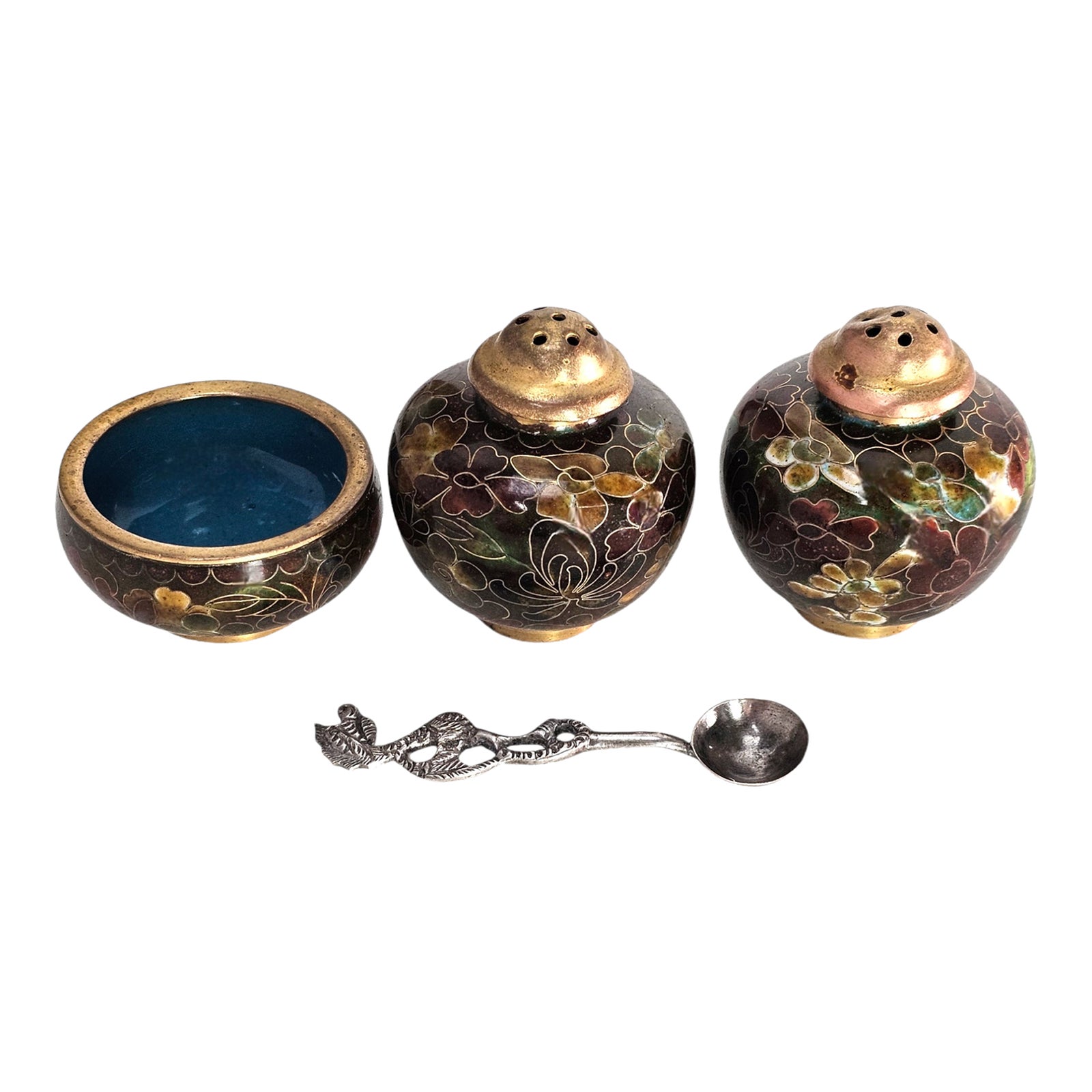 Chinese Cloisonné Salt & Pepper Shakers Salt Cellar and Spoon 2" | Chairish