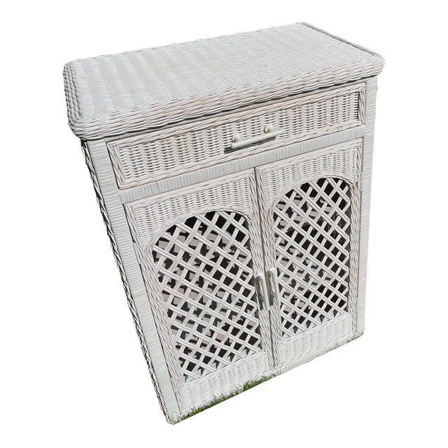 Boho Chic White Wicker Cabinet 2 Open Lattice Doors Drawer & 2 Shelves ...