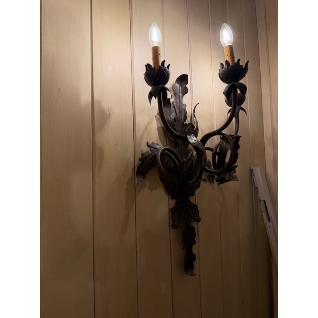1990s 3 Light Iron Leaf Motif Sconce | Chairish