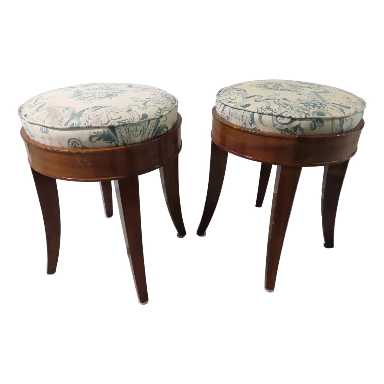 Pair of Custom Dark Wood Short Stools With Removable White & Blue ...
