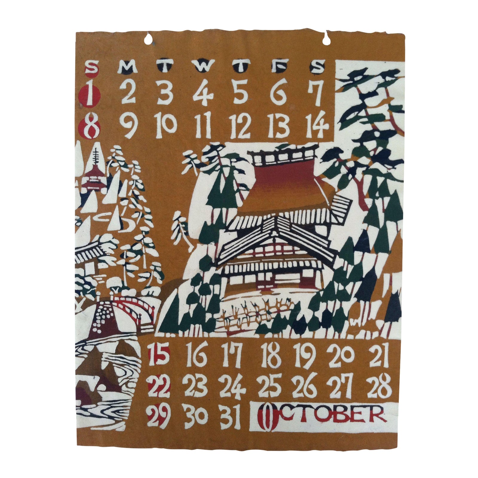 Vintage Japanese Hand Stenciled October Calendar Print | Chairish