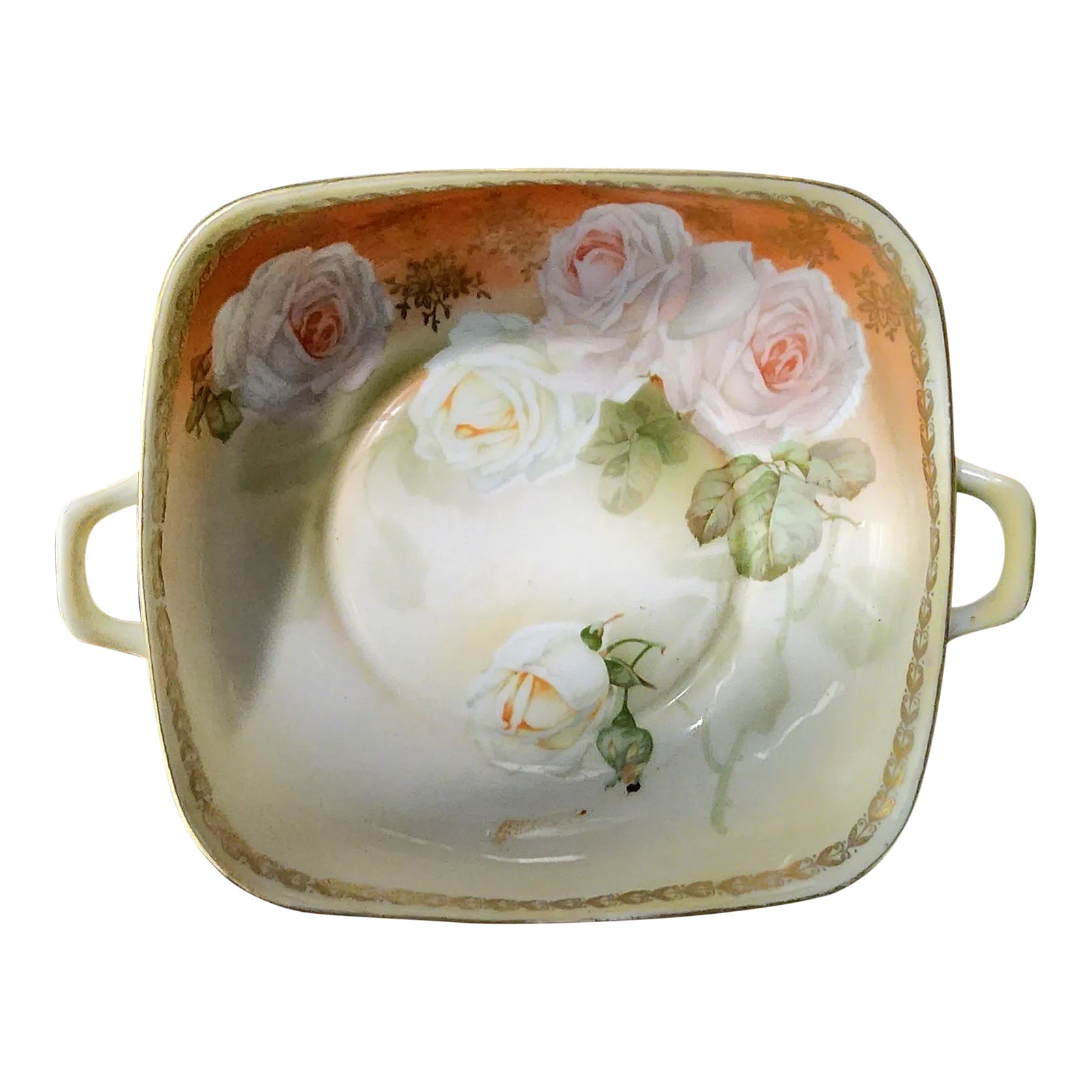 Beautiful Antique Fine Porcelain Floral Square Dish With Double Handles ...