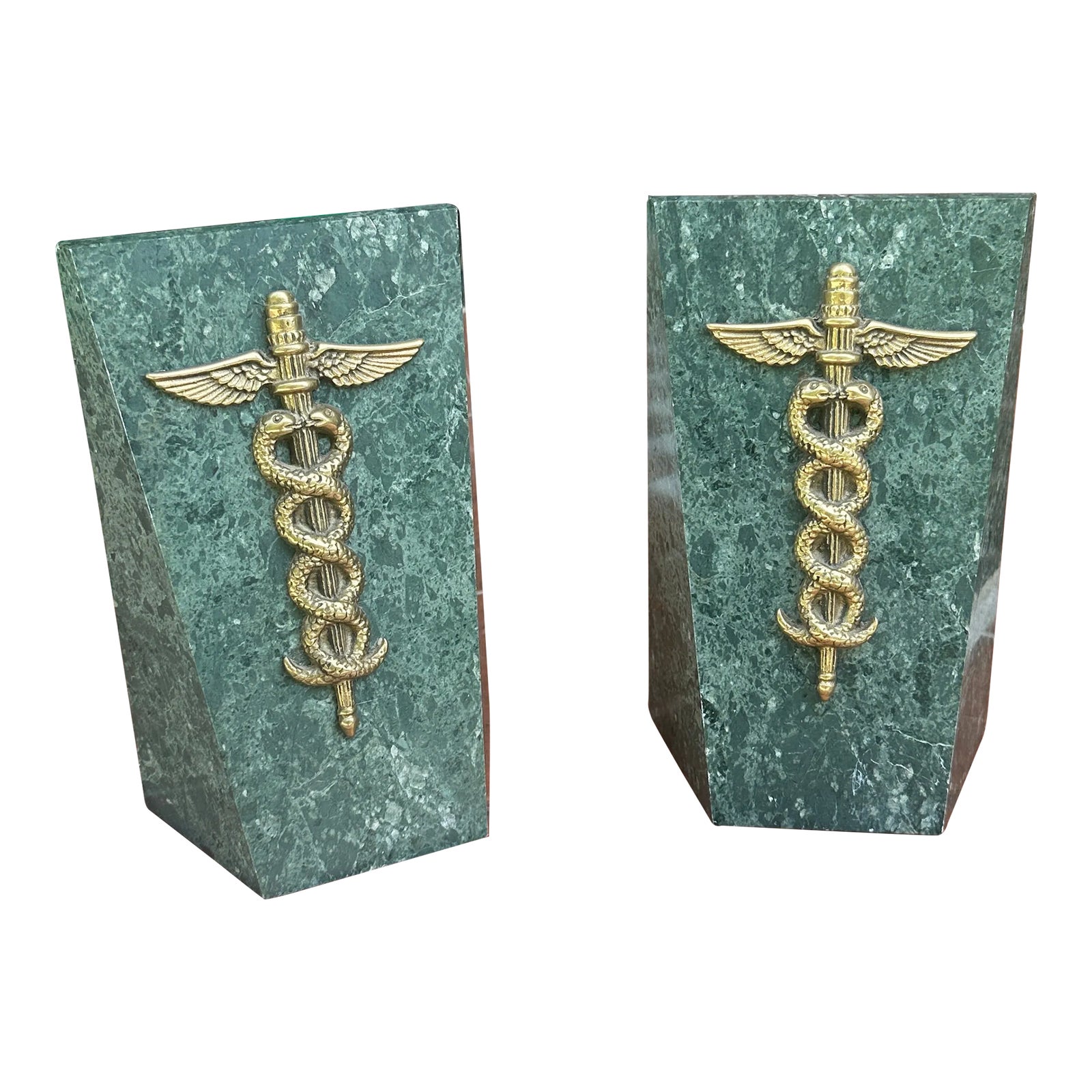 Pair of 1970s Green Stone Bookends With Brass Caduceus Accents | Chairish