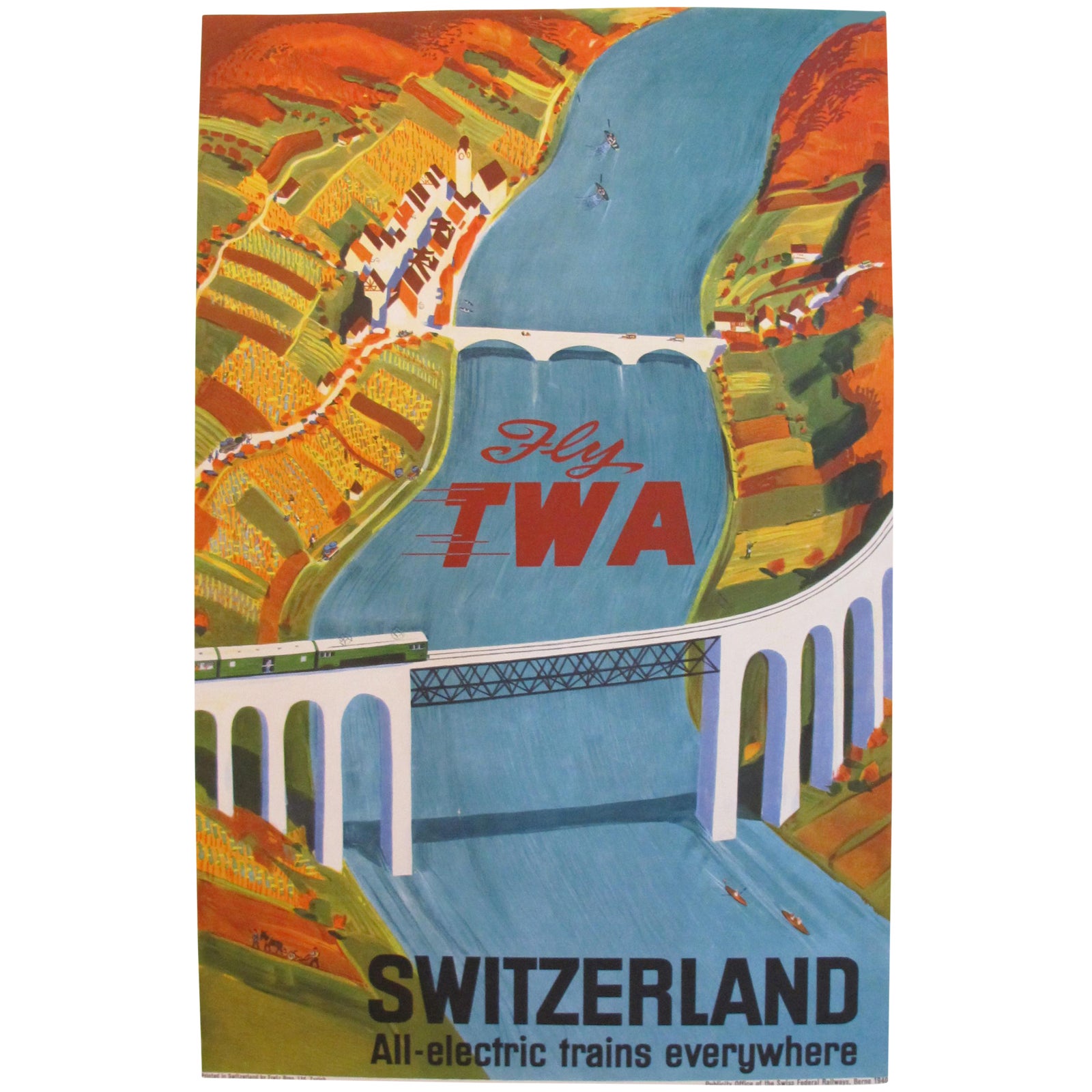 Original Vintage Swiss Twa Travel Poster, Baumberger | Chairish