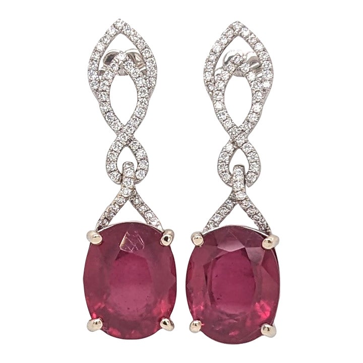 Oval Ruby Dangle Earrings with Earth Mined Diamonds in Solid 14k White Gold - 2 Pieces | Chairish