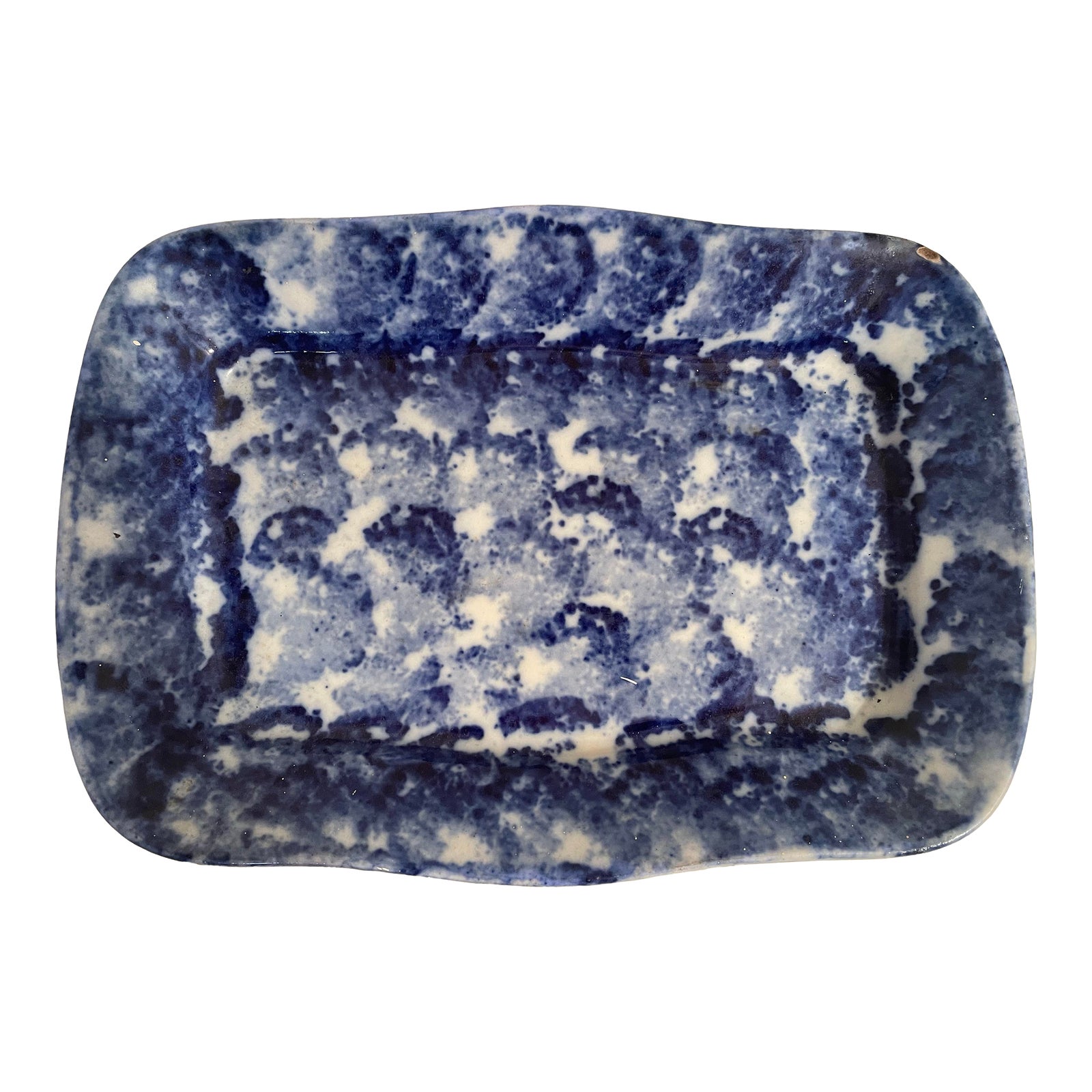 Antique Blue & White Spongeware Stoneware Platter, American | Chairish