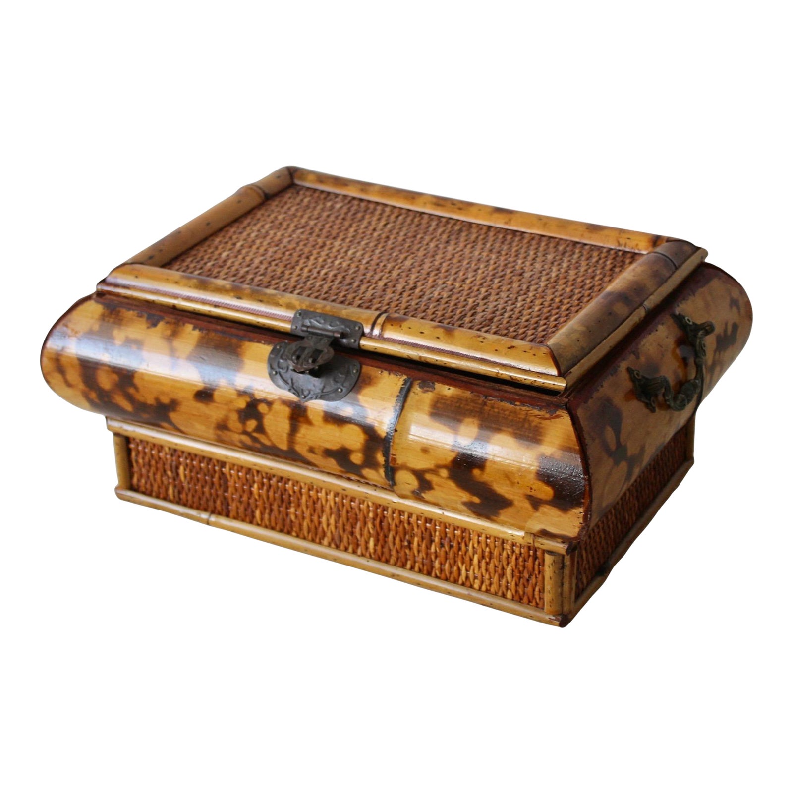 Chinoiserie Burnt Tortoise Style Bamboo Wicker Keepsake Box Trunk With ...