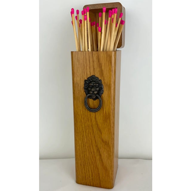 1950s Oak Fireplace Matches Holder With Brass Lion | Chairish