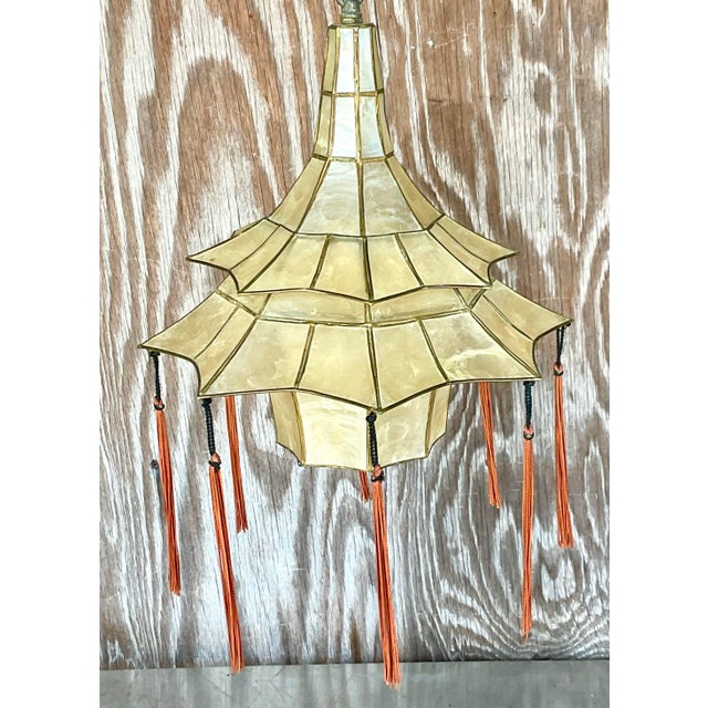 Vintage Mid 20th Century Boho Capiz Shell Pagoda Pendant | Chairish