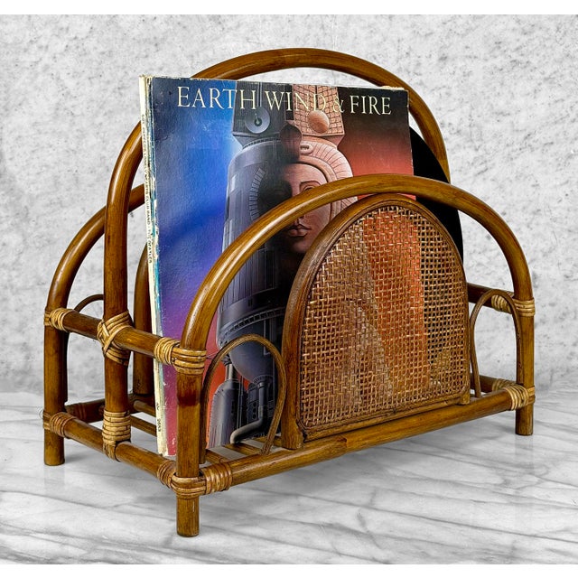 Vintage Boho Coastal Rattan Arched Magazine Rack Stand | Chairish