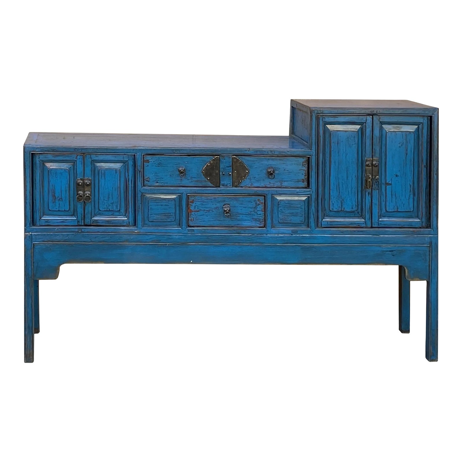 Vintage Chinese Distressed Bright Blue Drawers Foyer Narrow Side Table ...