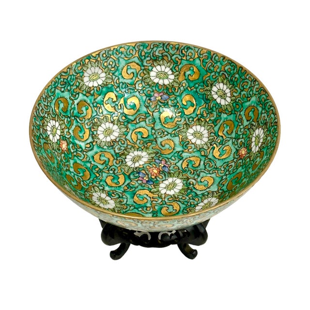 Japanese Porcelain Ware Pewter Bowl With Wooden Stand | Chairish