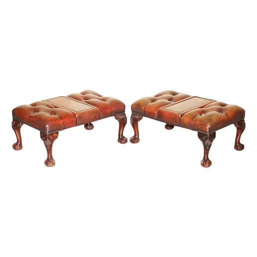 Vintage Hand-Dyed Leather Chesterfield Ottomans with Claw and Ball Feet ...