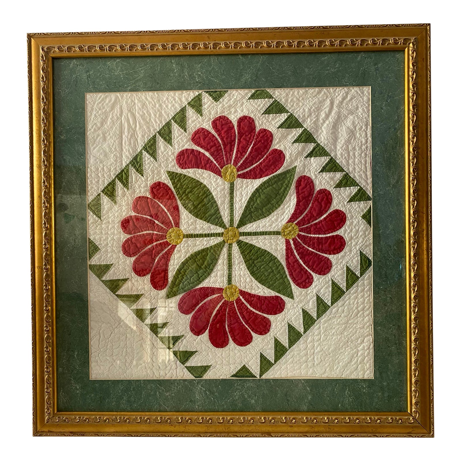 Late 20th Century Hand-Stitched Appliqué Quilt Square in Frame | Chairish