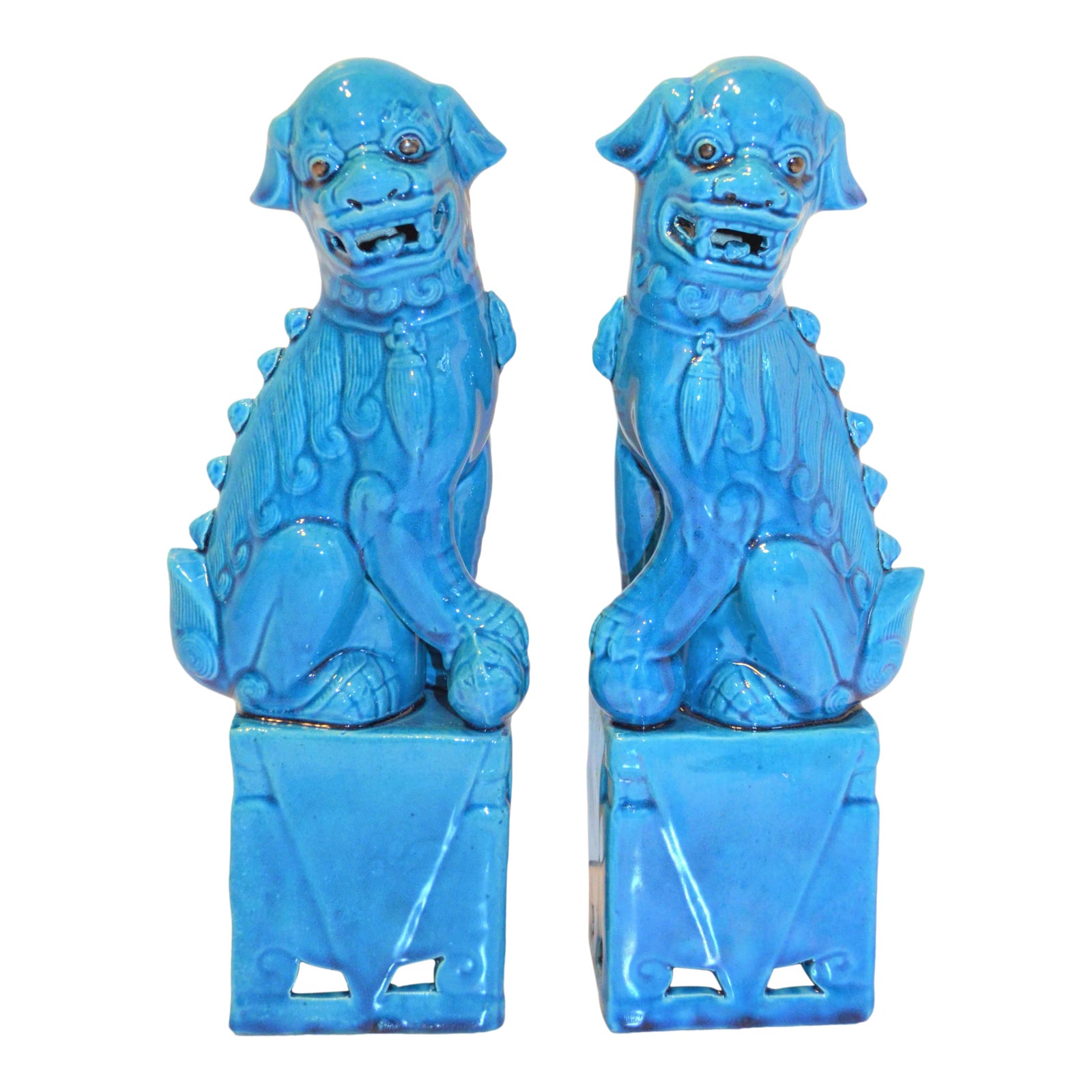 1980s Chinese Turquoise Glazed Large Foo Dog Figurines - a Pair | Chairish