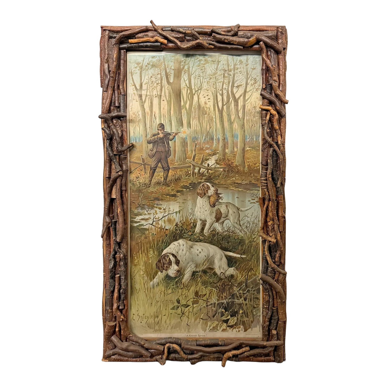 Twig Framed 19th Century Upland Hunt Lithograph Titled 'A Good Shot ...