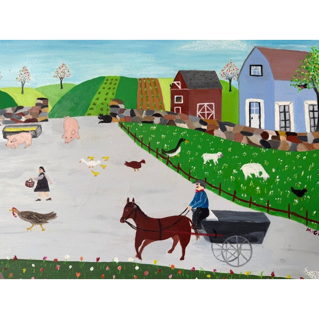 1980's M. GayLord Folk Art Countryside Farm Scene Oil on Canvas ...
