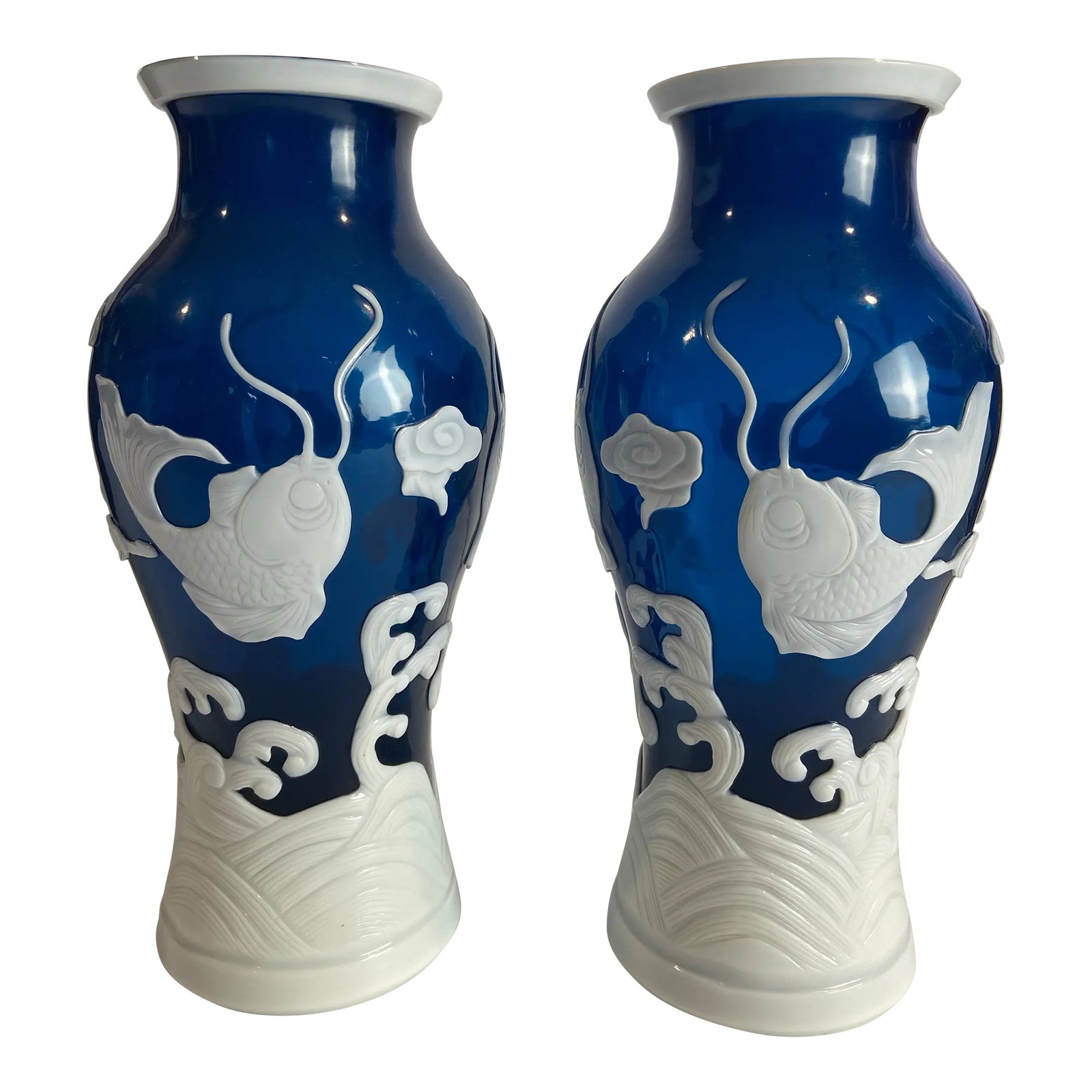 Pair of Mid 20th Century Chinese White Over Blue Glass Vases | Chairish