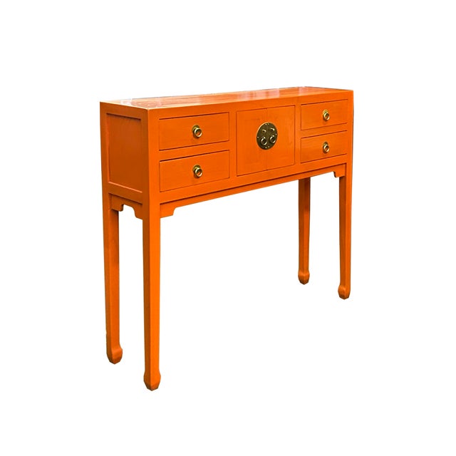 Oriental Orange Lacquer 4 Drawers Slim Narrow Foyer Side Table | Chairish