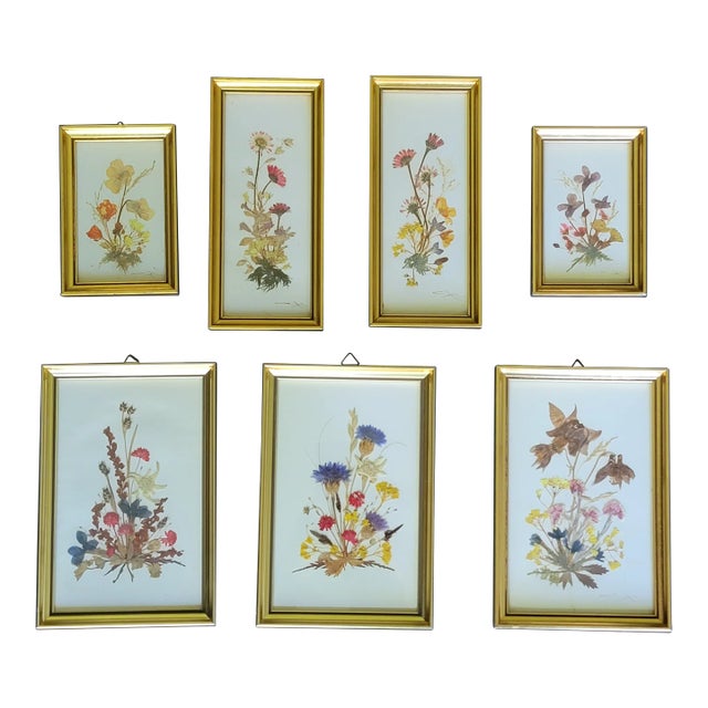 1970s Vintage Small Gold Framed Pressed Flowers Set of 7 | Chairish