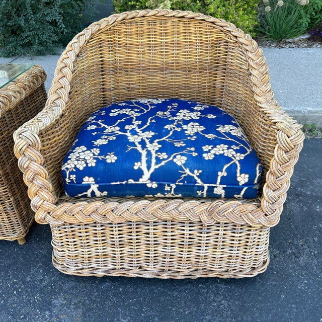Vintage Wicker Works Style Rattan-Wicker Club Chairs and Side Table, 3 ...