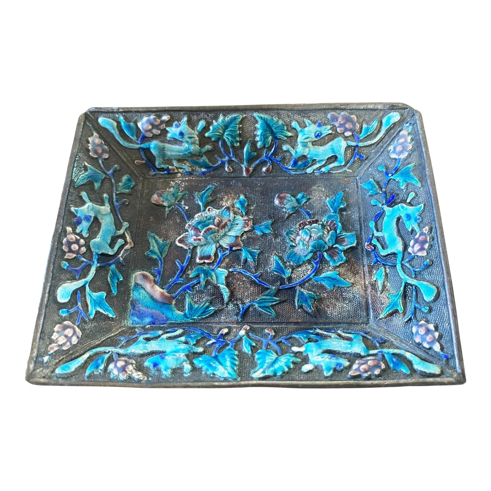 Antique Chinese Export Enamel Repousse Flowers and Fox Small Plate ...