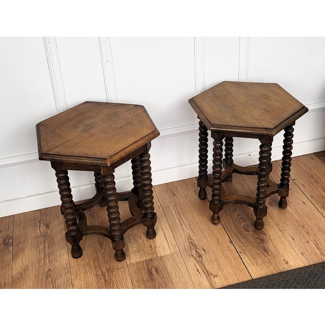 Italian Hexagonal Walnut Stools with Bobbin Turned Legs, 1890s, Set of ...