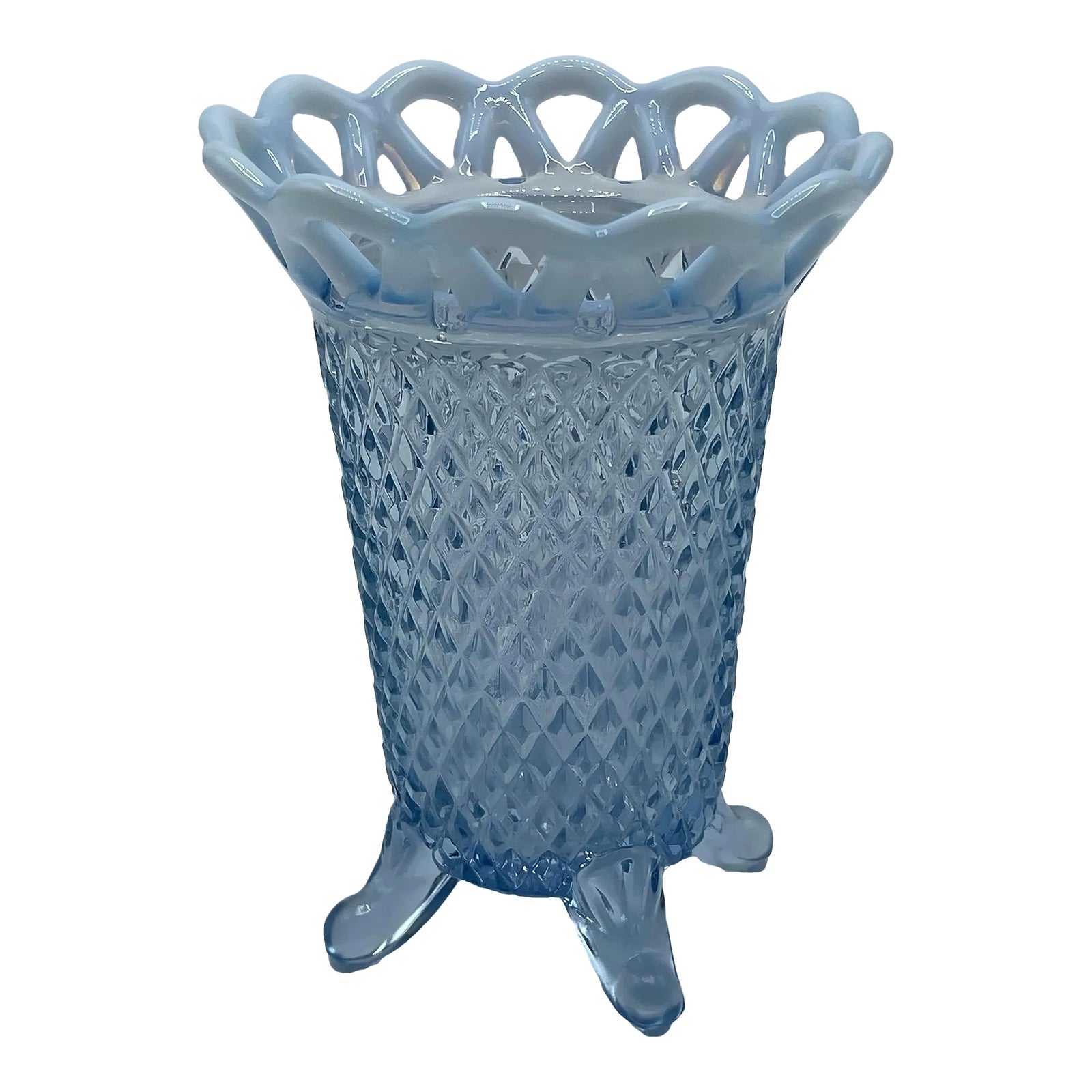 Vintage Imperial Glass Vase Blue Diamond Pattern Opalescent Footed ...