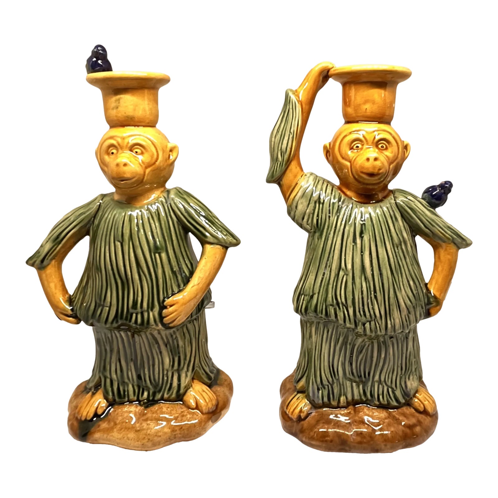 Pair of 1970s Majolica Monkey Birds Taper Candle Holders | Chairish