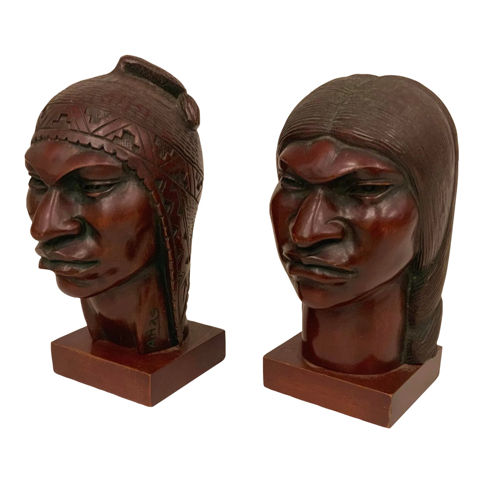 Pair of Carved Wood Sculptures of Inca Indians by Mexican Artist Flores ...
