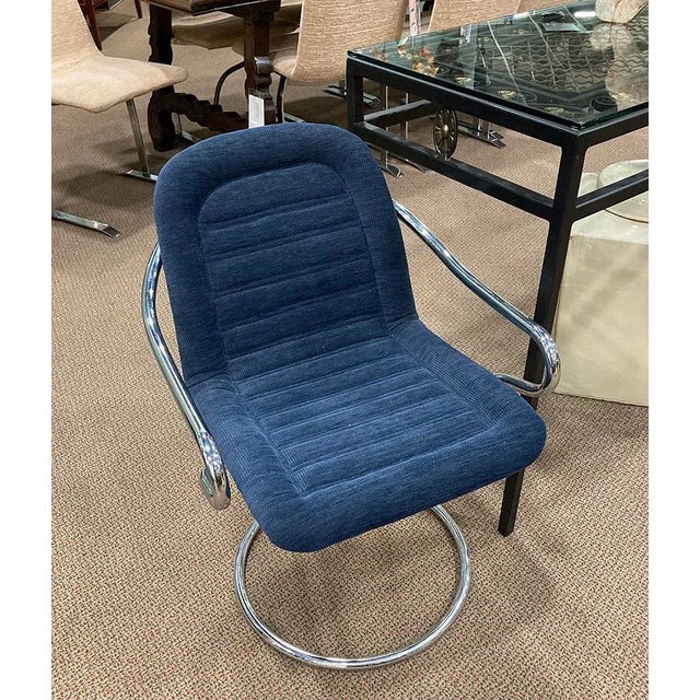 Pair Navy Chenille Scoop Arm Chairs With Chrome Frames | Chairish