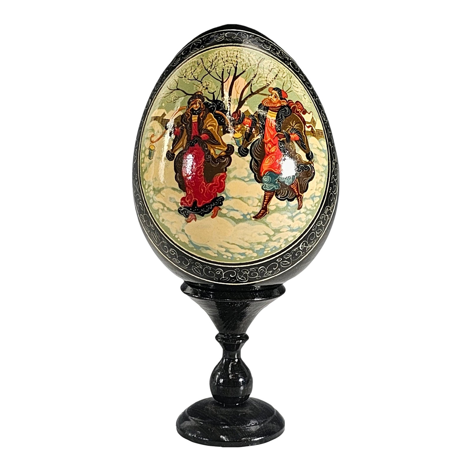 Russian Hand Painted Wood Lacquer Egg Black Egg W/ Stand | Chairish