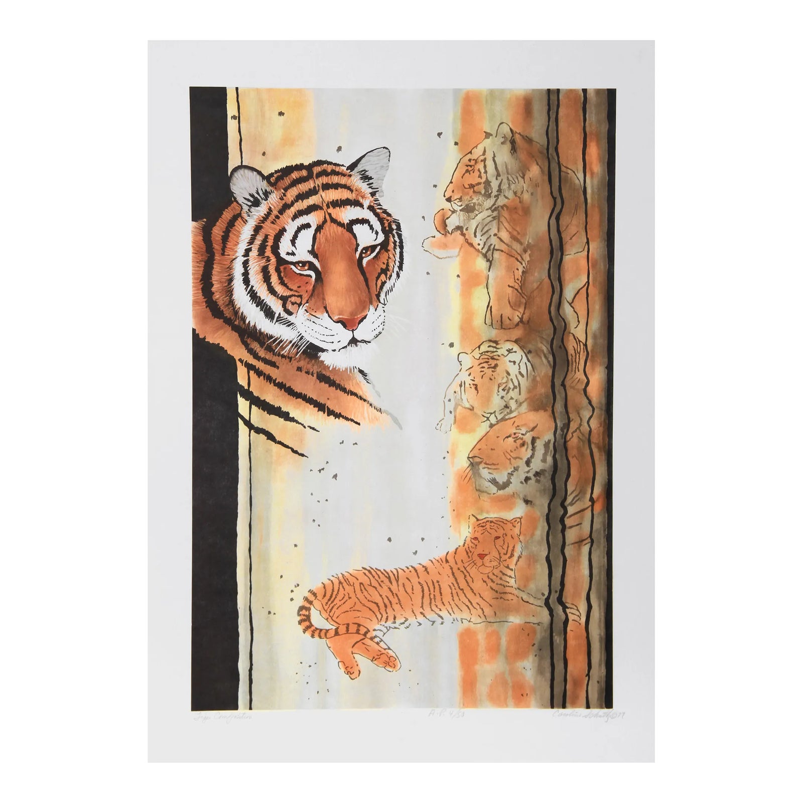 1970s "Tiger Composition" Lithograph by Caroline Schultz | Chairish