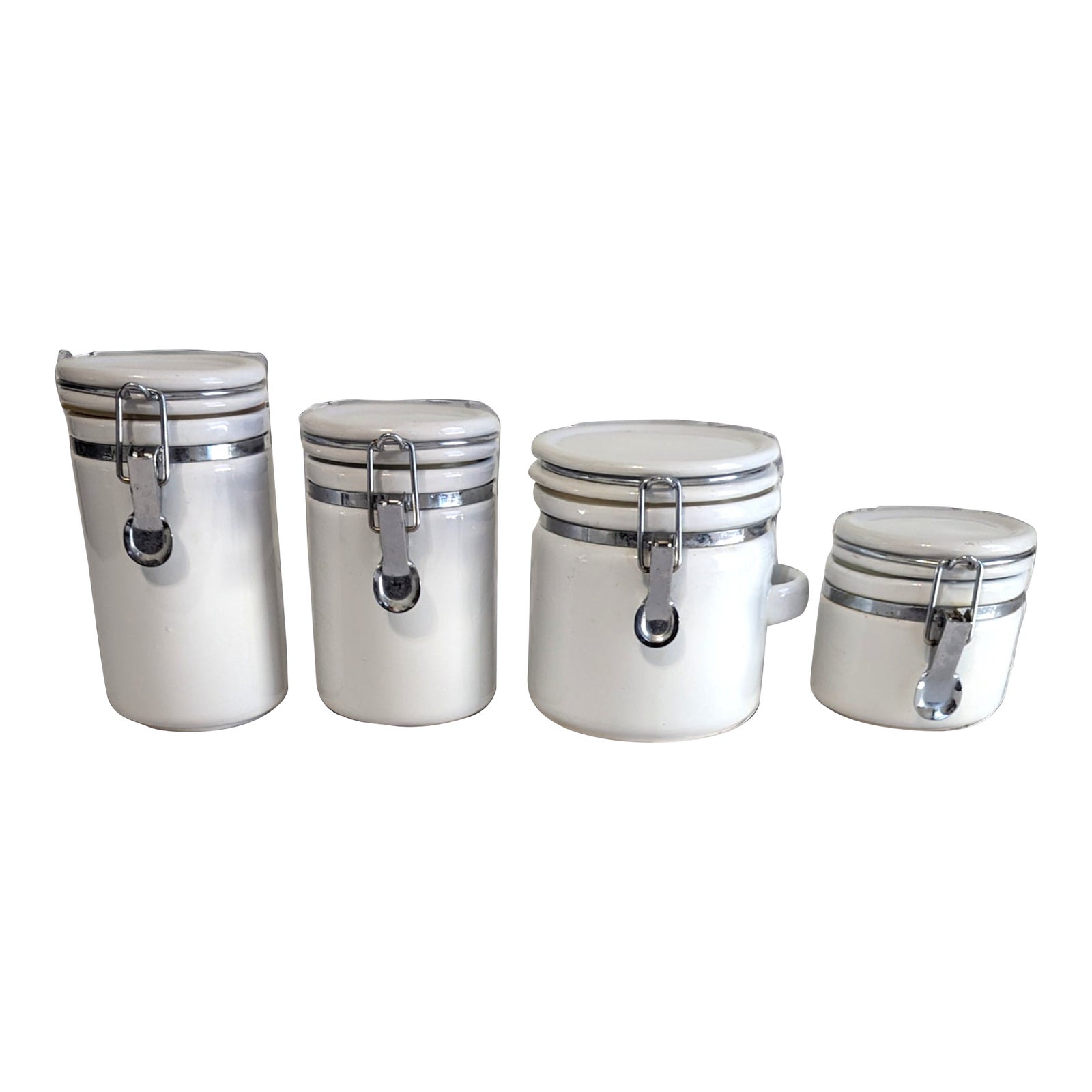 1970s White Canisters With Silver Clamp Lock Top Lids - Set of 4 | Chairish