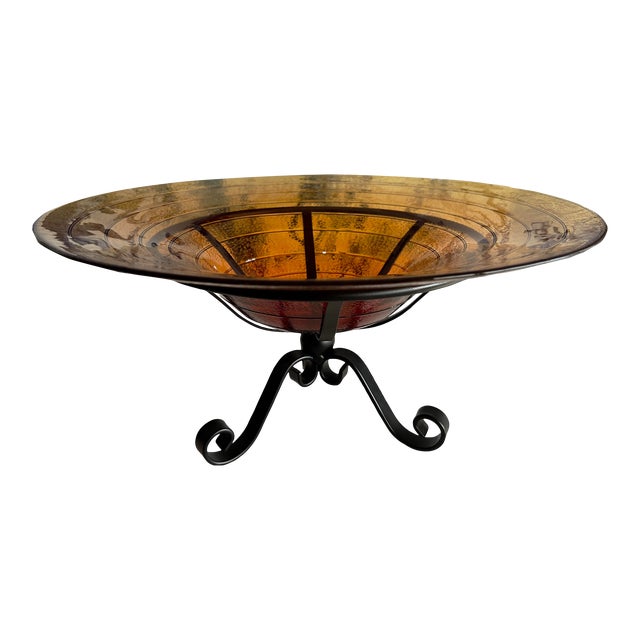 Amber Glass Bowl on Black Wrought Iron Stand | Chairish