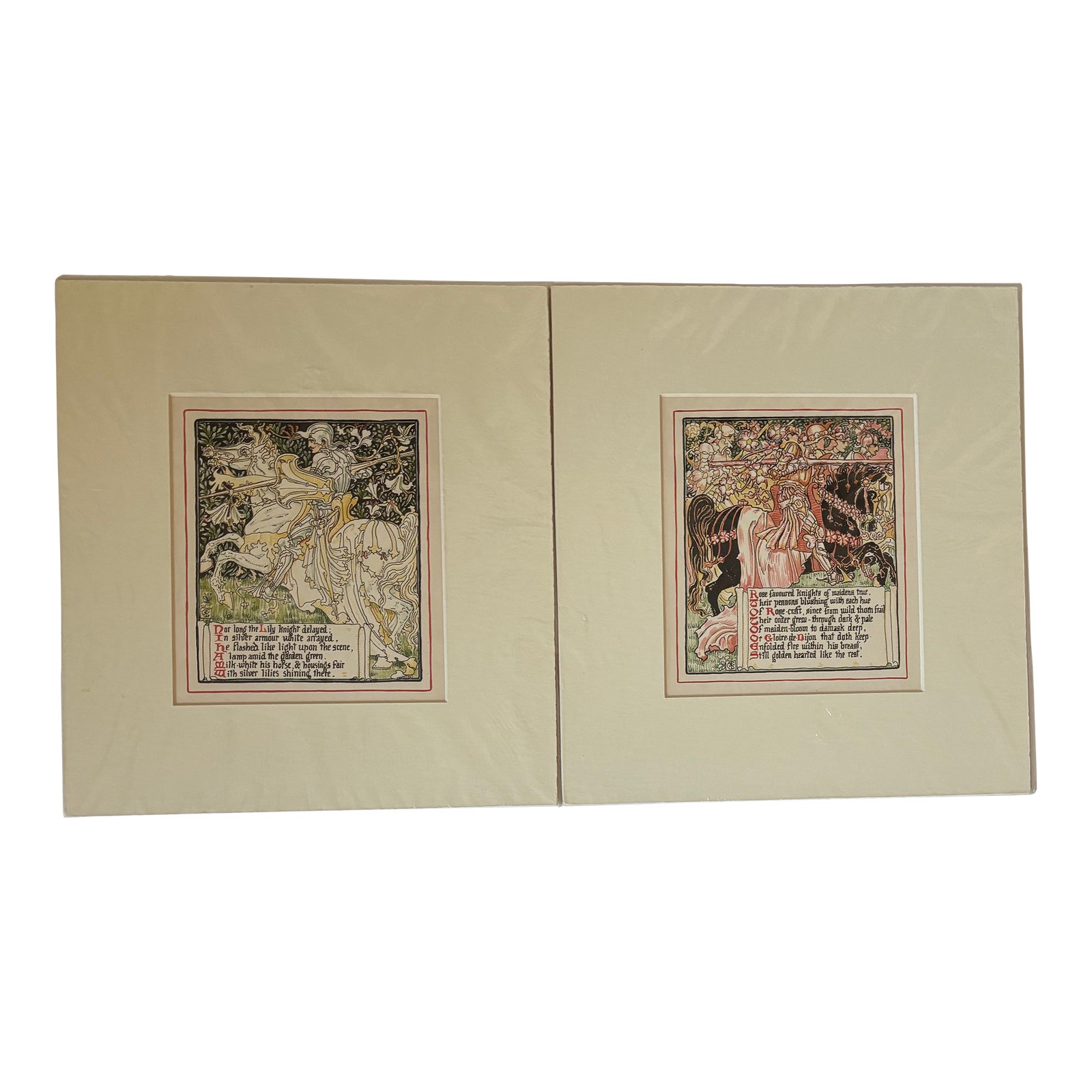 Pair of Original Antique Chromolithograph Prints “The Flower Knights ...