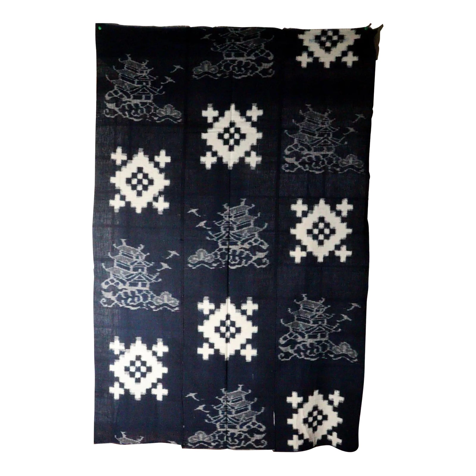 Mid Century Japanese Cotton Cloth Indigo Kasuri Structure Castle Design ...