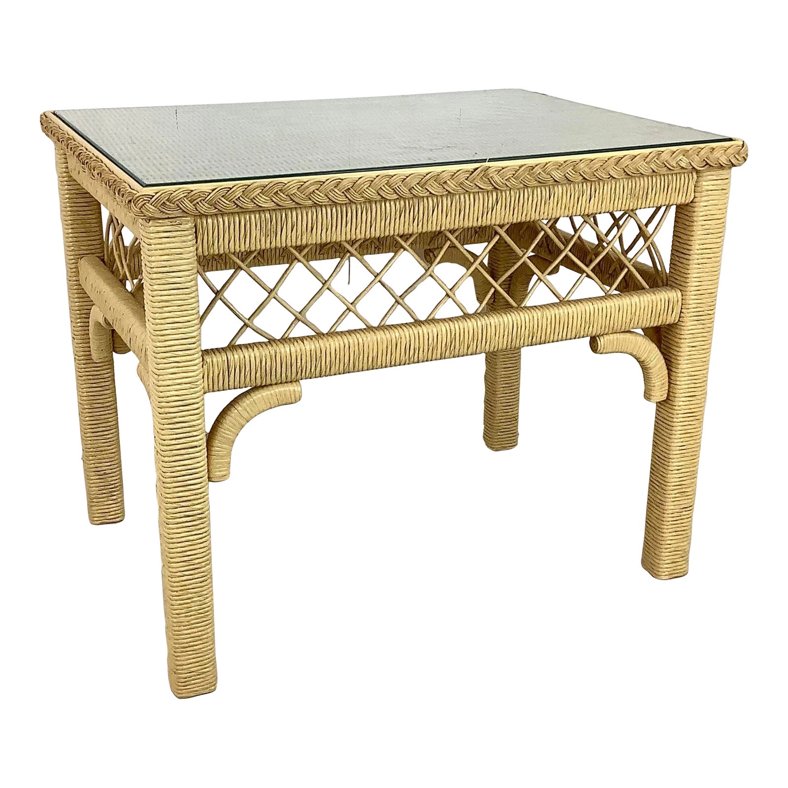 Bohemian Modern Henry Link Style Wicker and Glass Top Side Table | Chairish