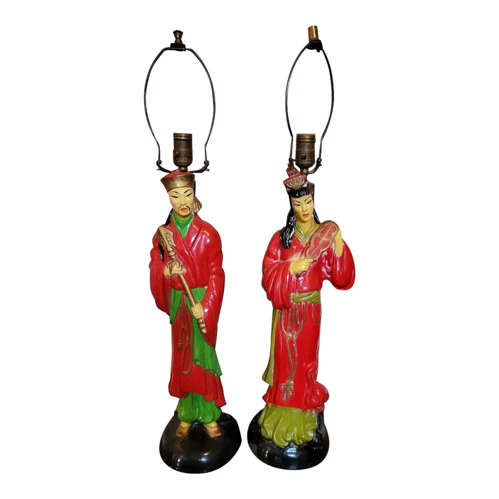 Mid-Century Chalkware Asian Figurines Table Lamp - Set of 2 | Chairish